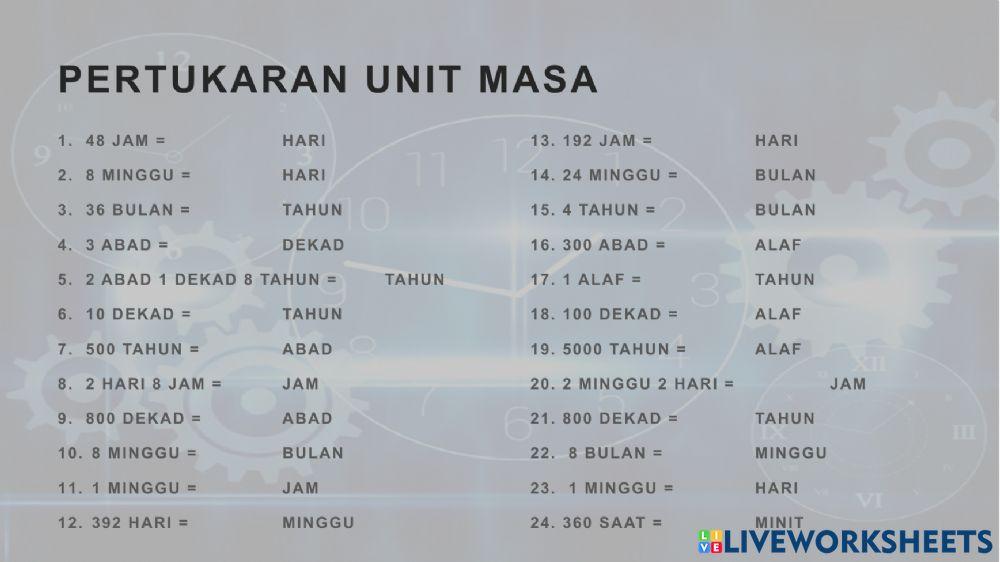 Pertukaran unit masa online worksheet | Live Worksheets