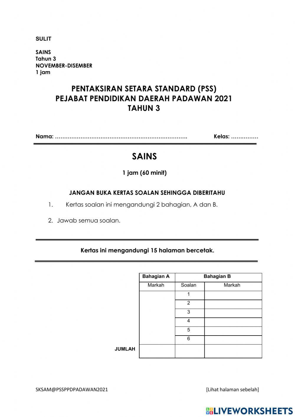 PSS SAINS TAHUN 3 3487675 | Fzah2585 | Live Worksheets