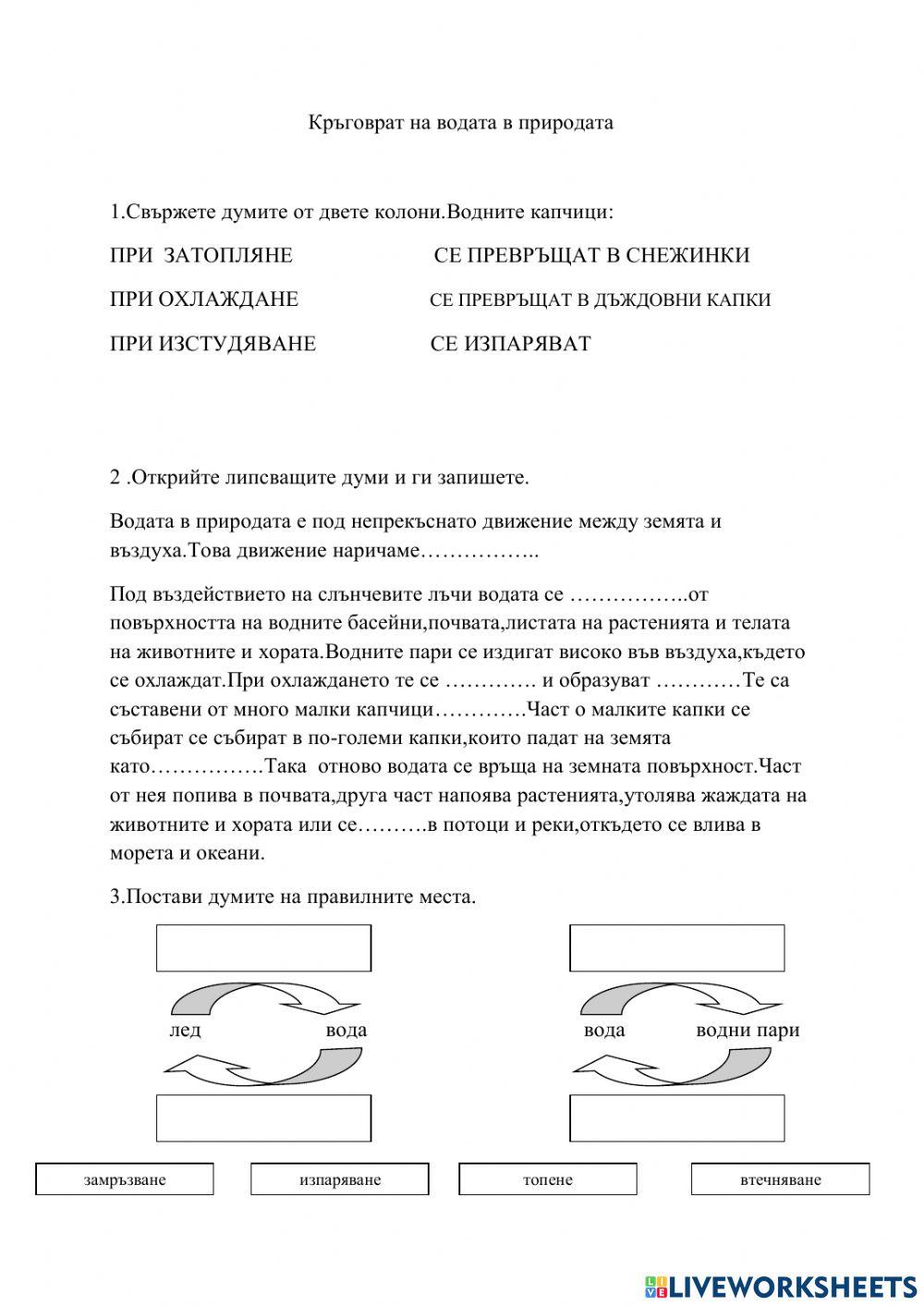 Кръговрат на водата в природата Worksheet Live Worksheets