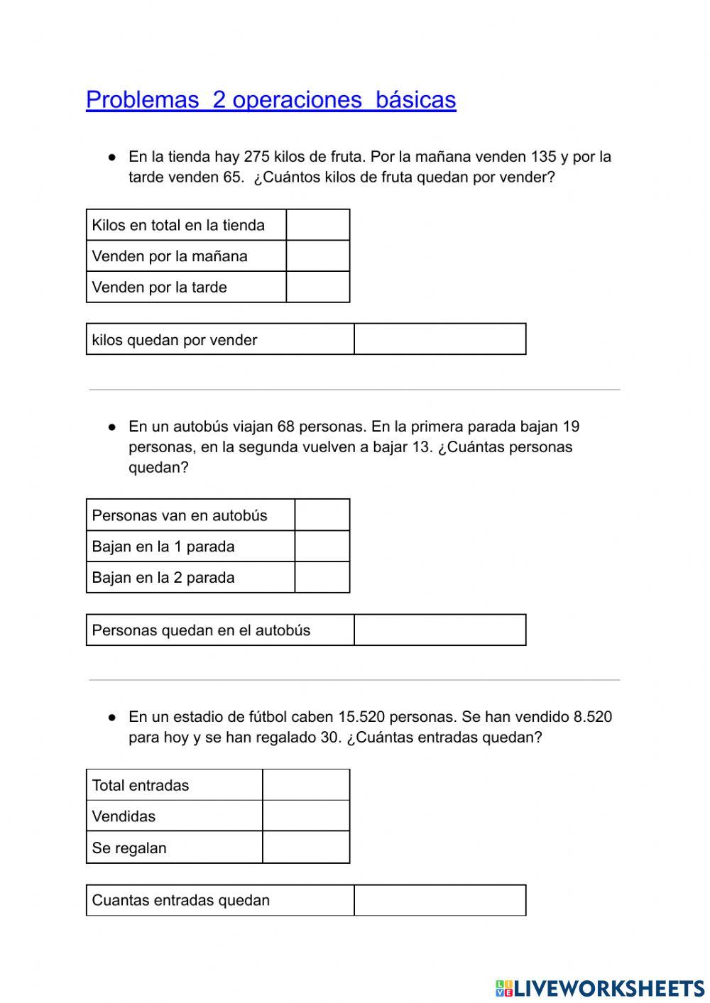 Problemas operaciones basicas (sumas y restas) worksheet | Live Worksheets
