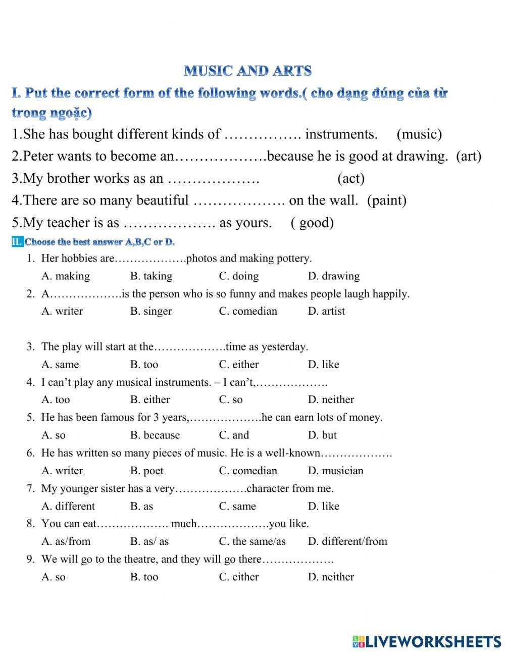 Music and arts exercise for 7 | Live Worksheets