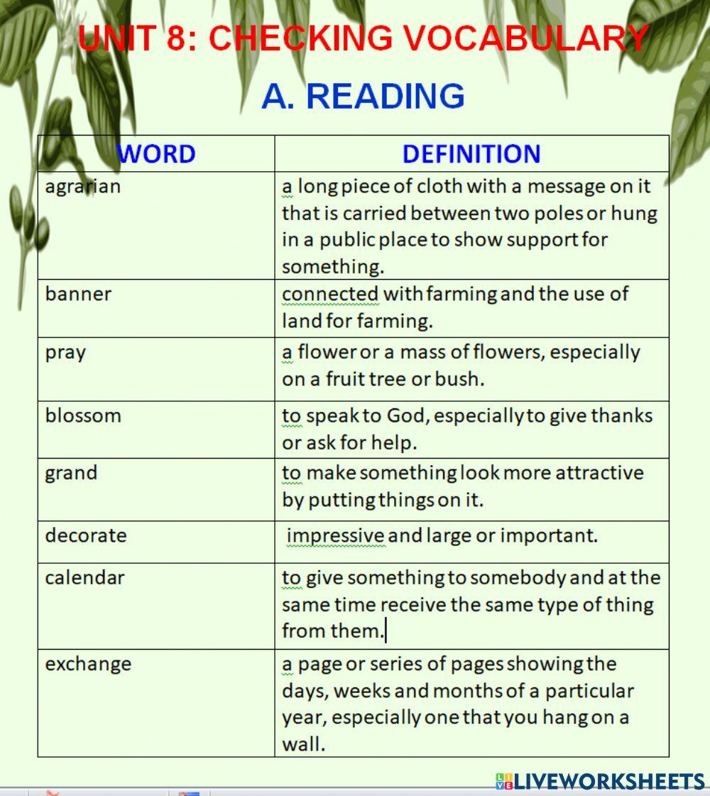 Unit 8. checking vocabualry interactive worksheet | Live Worksheets