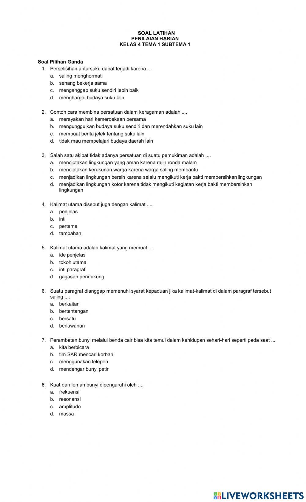 Ulangan tema 1 ST 1 kls 4 worksheet | Live Worksheets