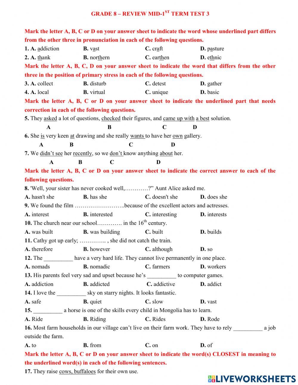 Review U123- G8 (3) worksheet | Live Worksheets