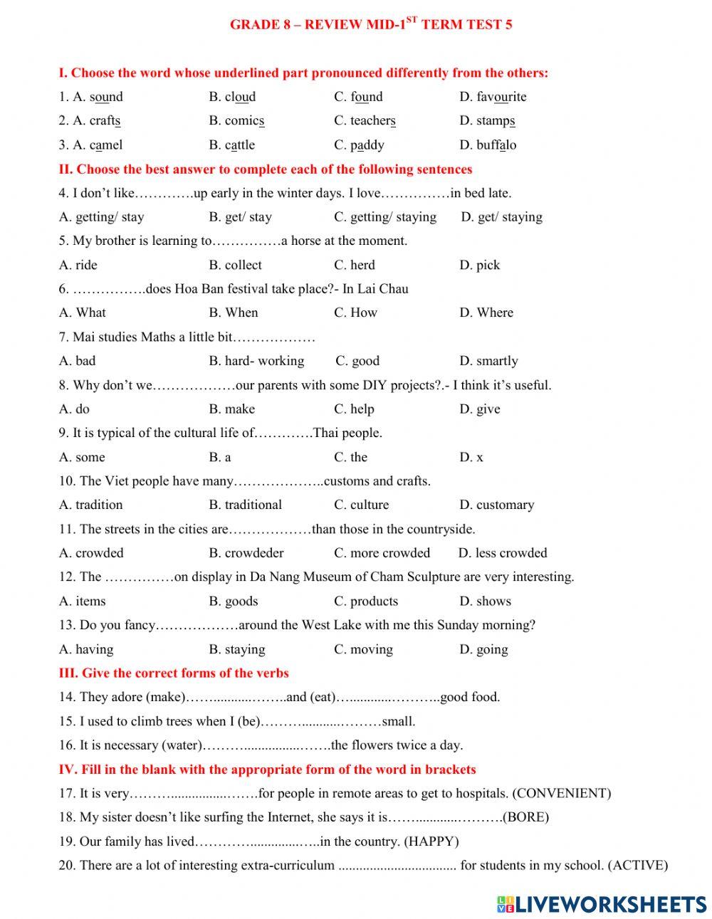 Grade 8- Review U123 (5) worksheet | Live Worksheets