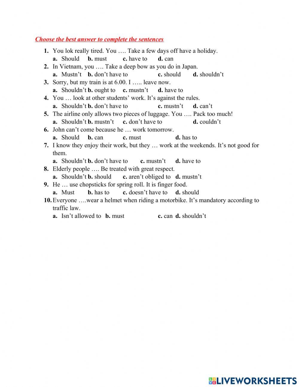 exercise SHOULD online exercise for | Live Worksheets