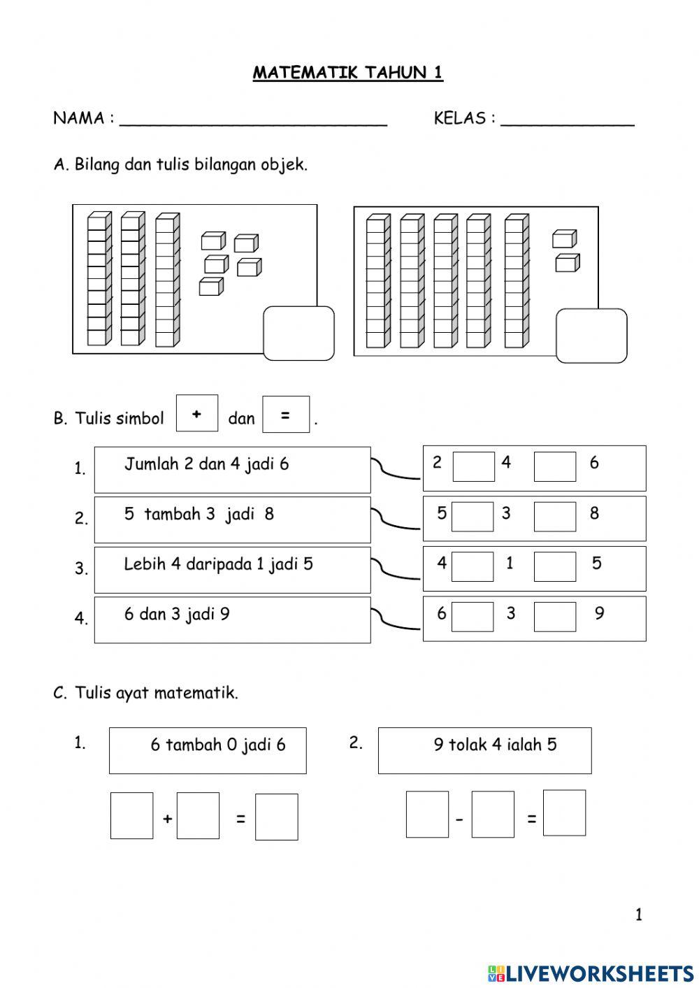 MATEMATIK TAHUN 1 ULANGKAJI online exercise for | Live Worksheets