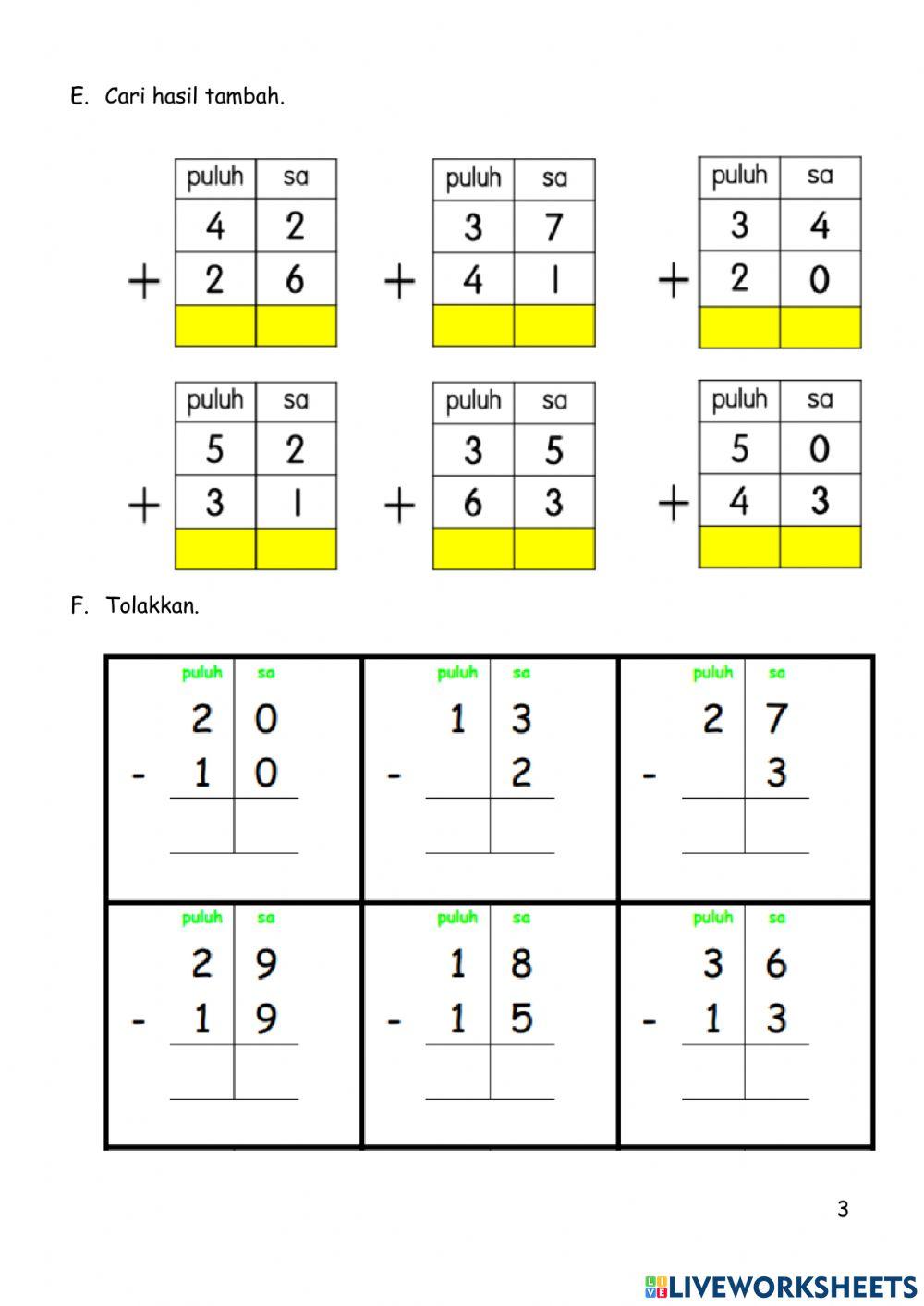 MATEMATIK TAHUN 1 ULANGKAJI online exercise for | Live Worksheets