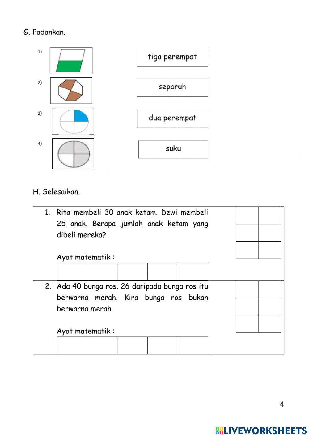 MATEMATIK TAHUN 1 ULANGKAJI online exercise for | Live Worksheets