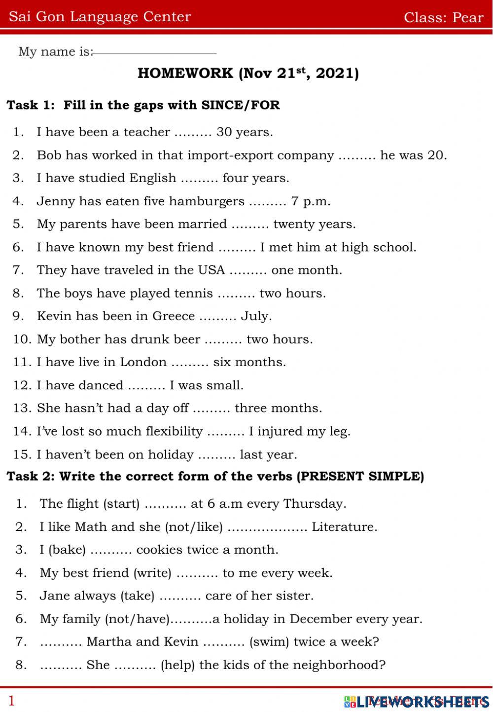 Homework-class Pear (Nov 21st) worksheet | Live Worksheets