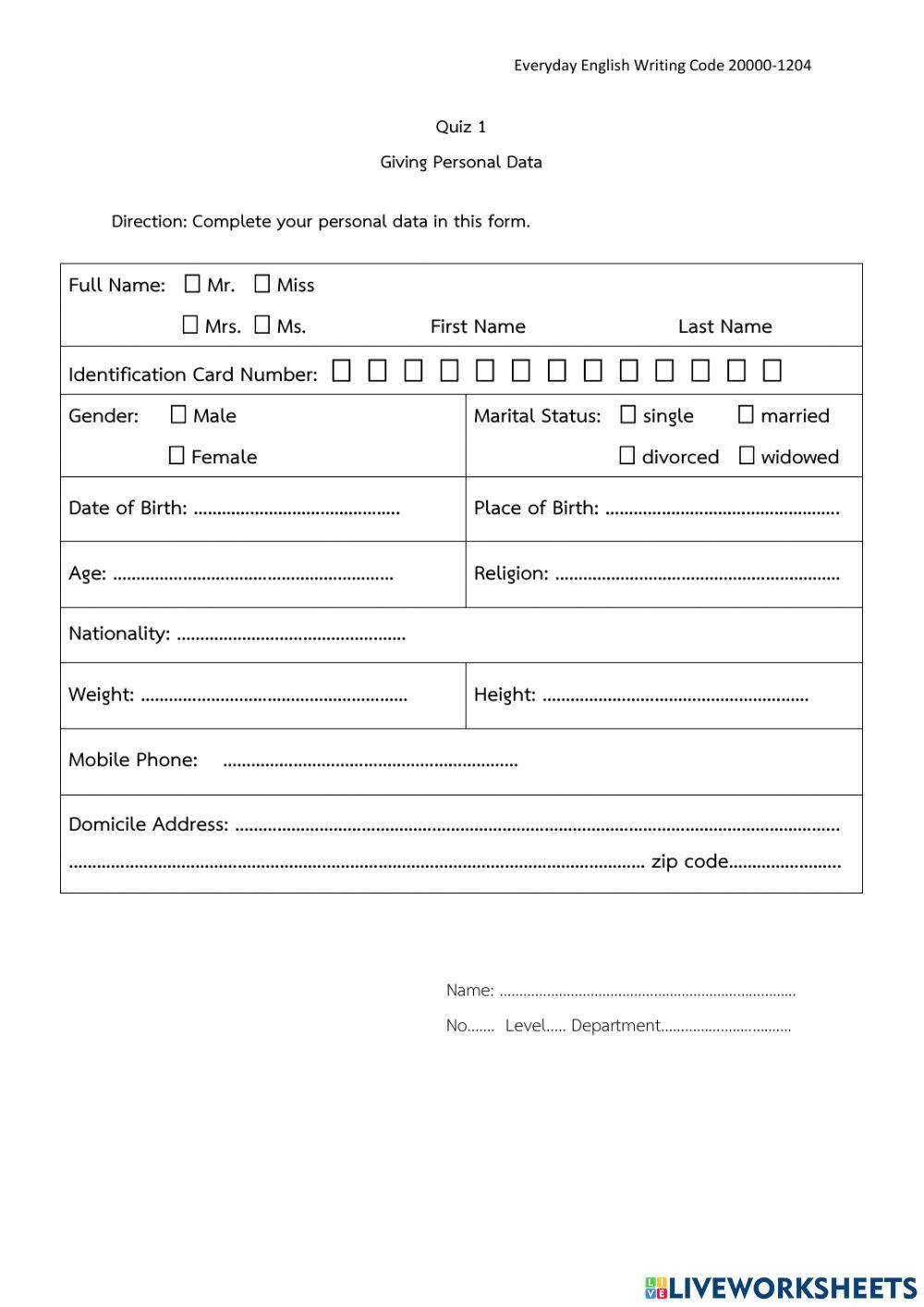 Quiz 1 Giving Personal Data 20000-1204 online exercise for | Live ...