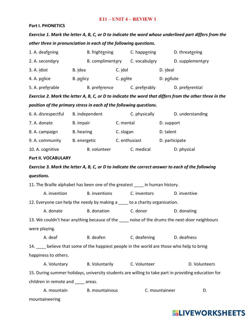 E11- unit 4 - review 1 worksheet | Live Worksheets