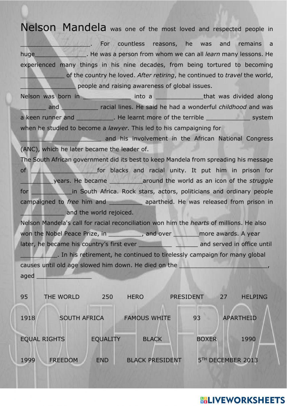 Mandela's biography worksheet | Live Worksheets