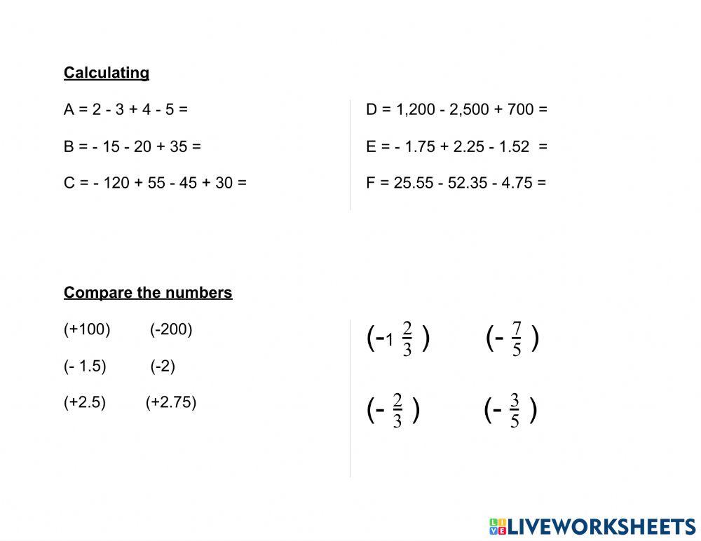 Negative Numbers Interactive Exercise | Live Worksheets