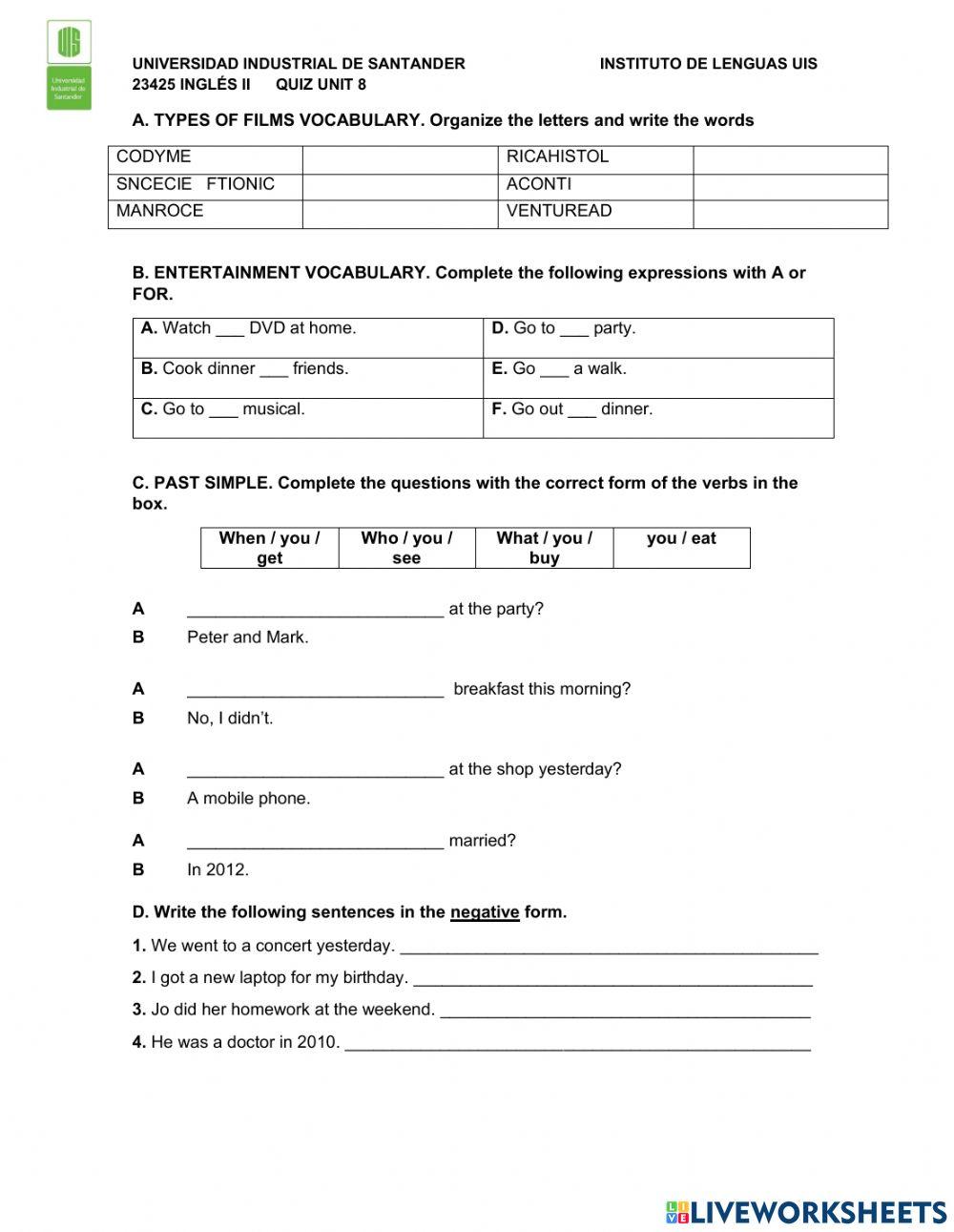 English ii - quiz unit 8 worksheet | Live Worksheets