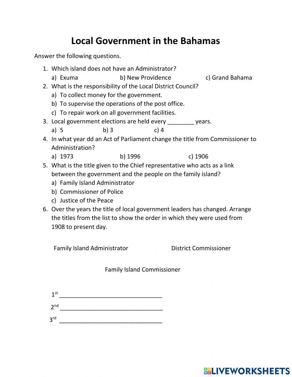 Local Government in The Bahamas Worksheet online exercise for | Live ...