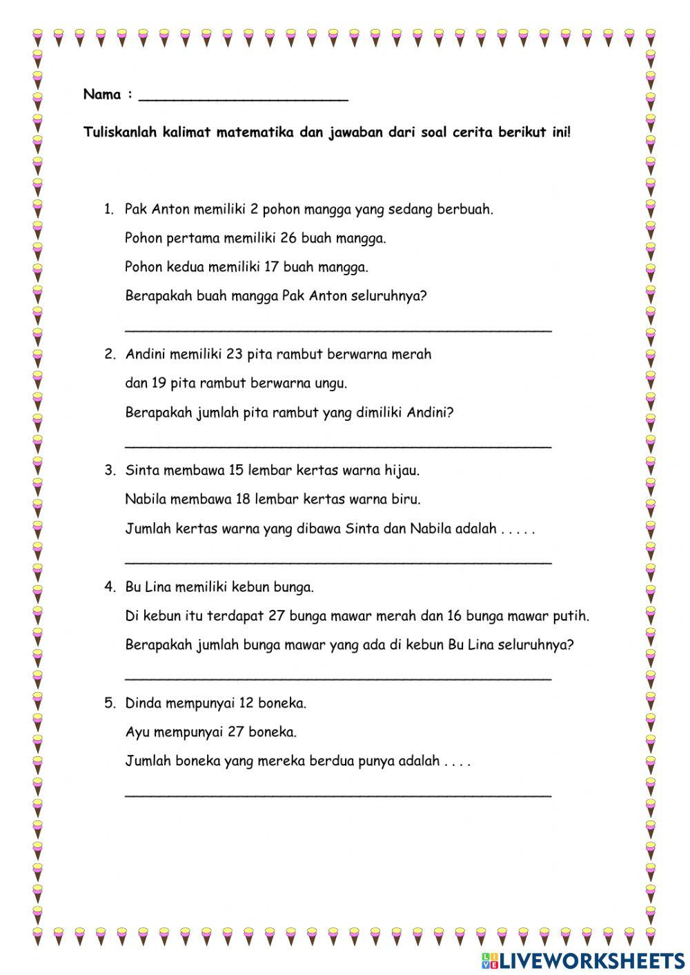 Soal Cerita Penjumlahan online exercise for | Live Worksheets