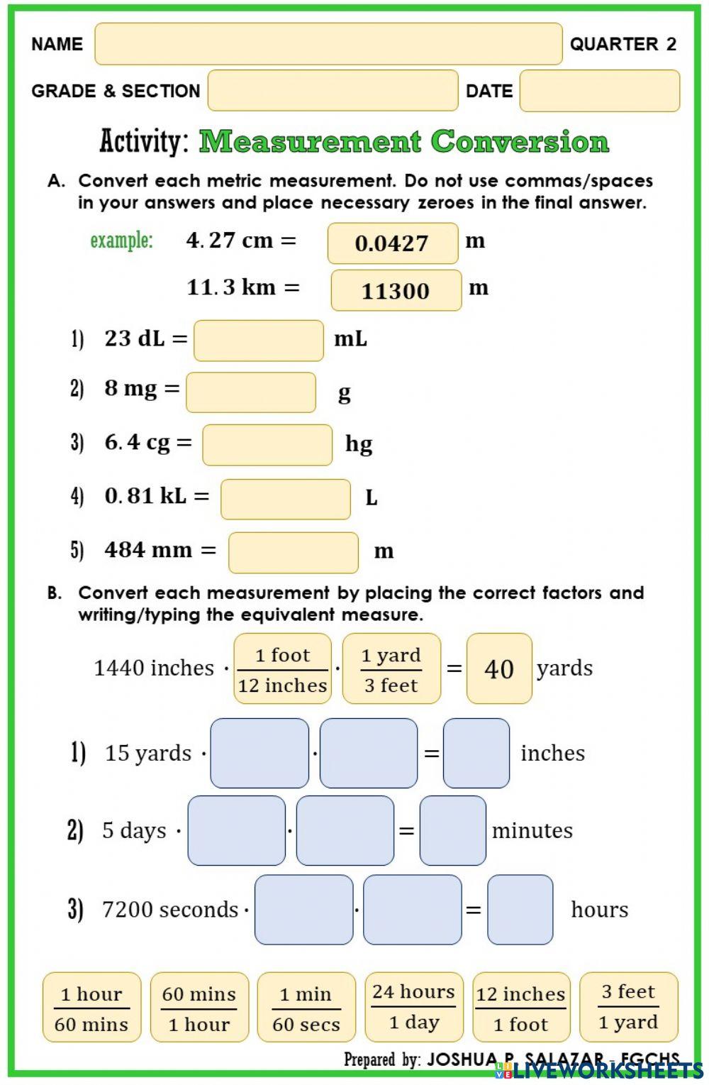 Conversion Of Measure Worksheet Live Worksheets