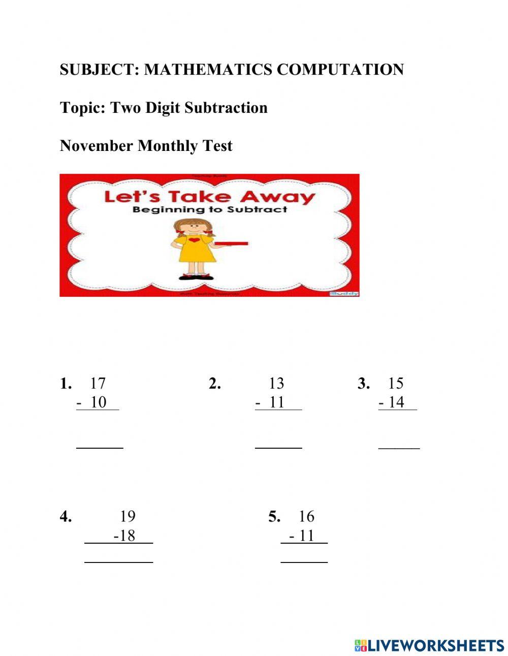 Computation Two digit subtraction Nov Monthly Test online exercise for ...