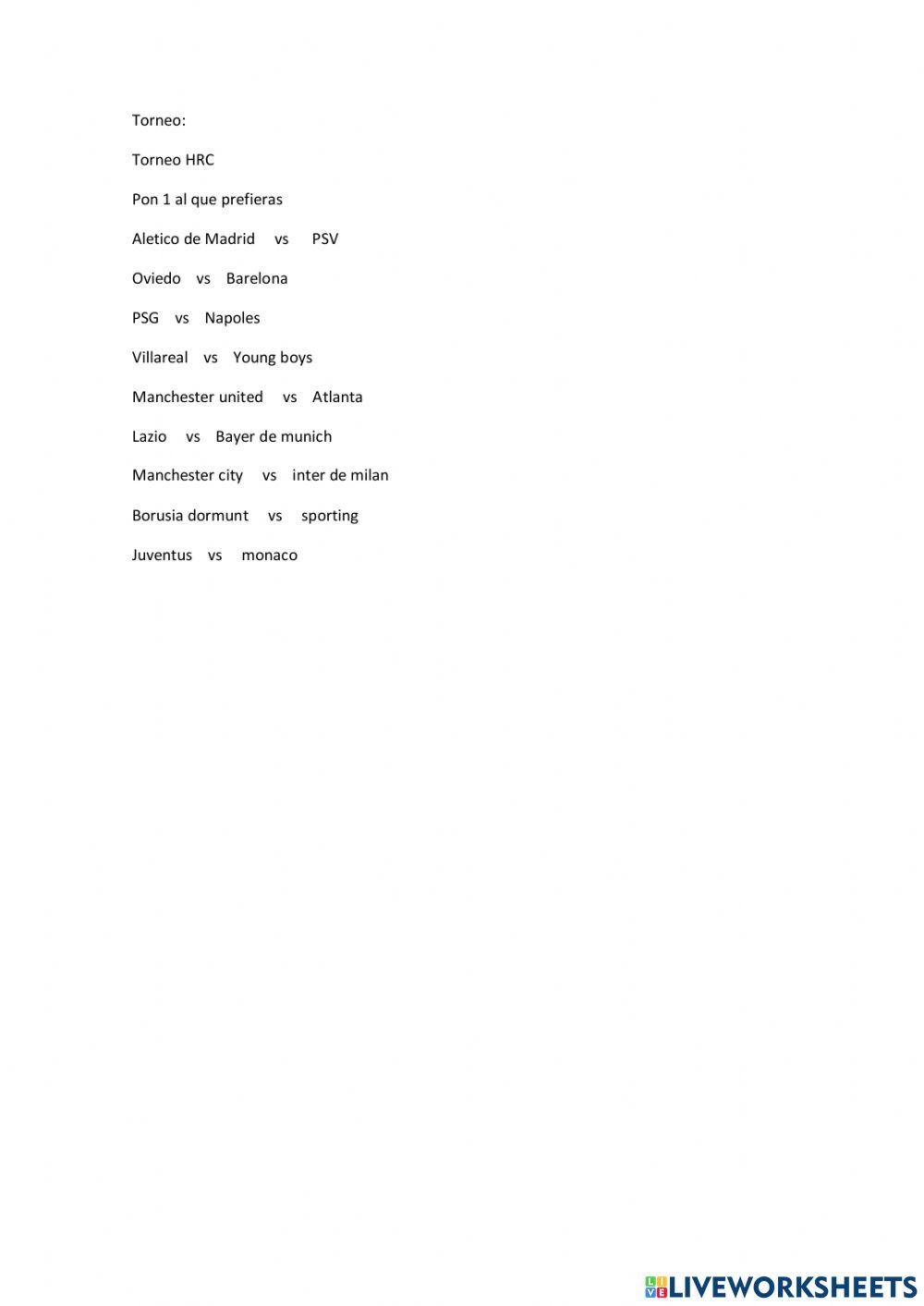 Torneo HRC exercise | Live Worksheets