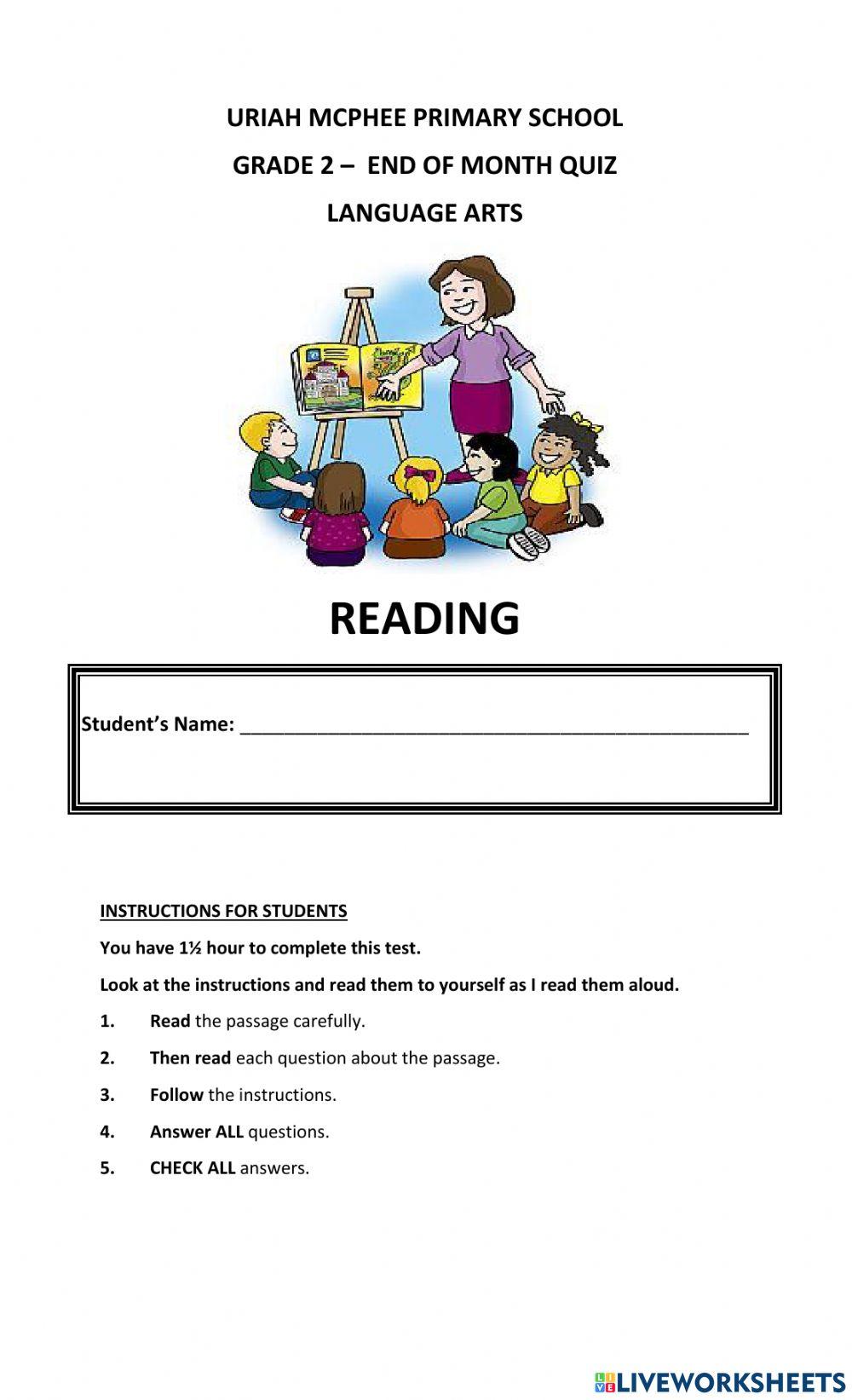 Reading End of Month Quiz worksheet | Live Worksheets