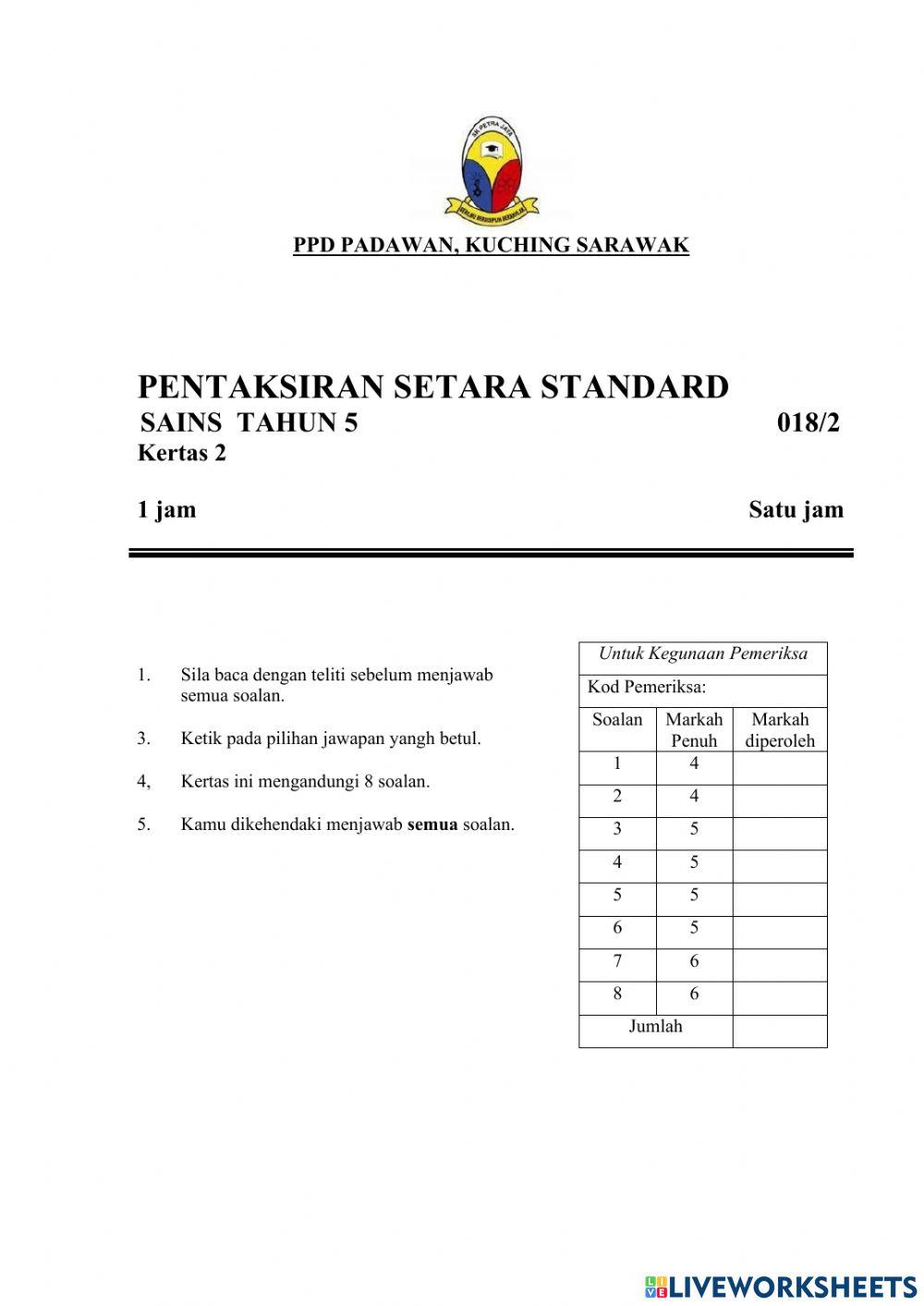 PSS SAINS TAHUN 5 KERTAS 2 online exercise for | Live Worksheets