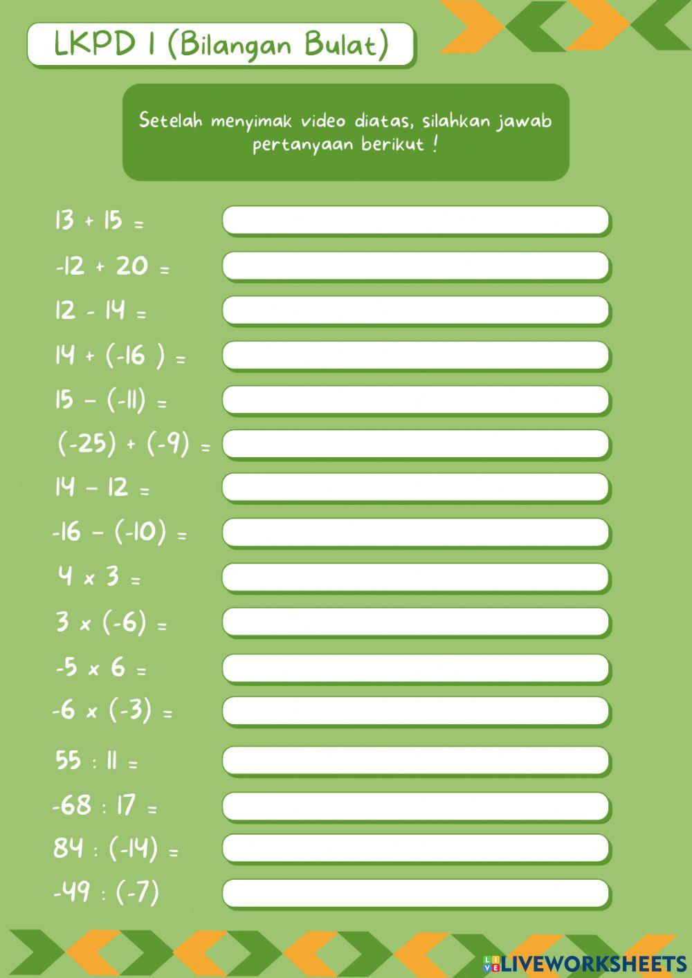 E-LKPD BILANGAN BULAT worksheet for 2 | Live Worksheets