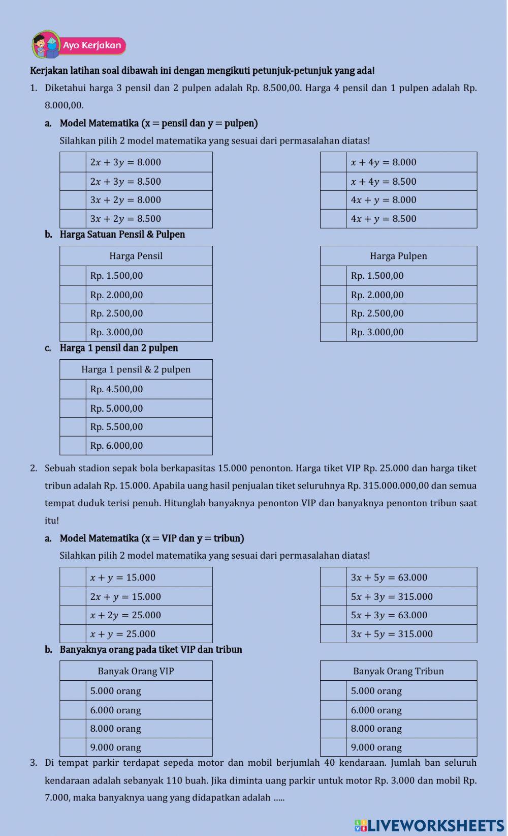 Penerapan SPLDV worksheet | Live Worksheets