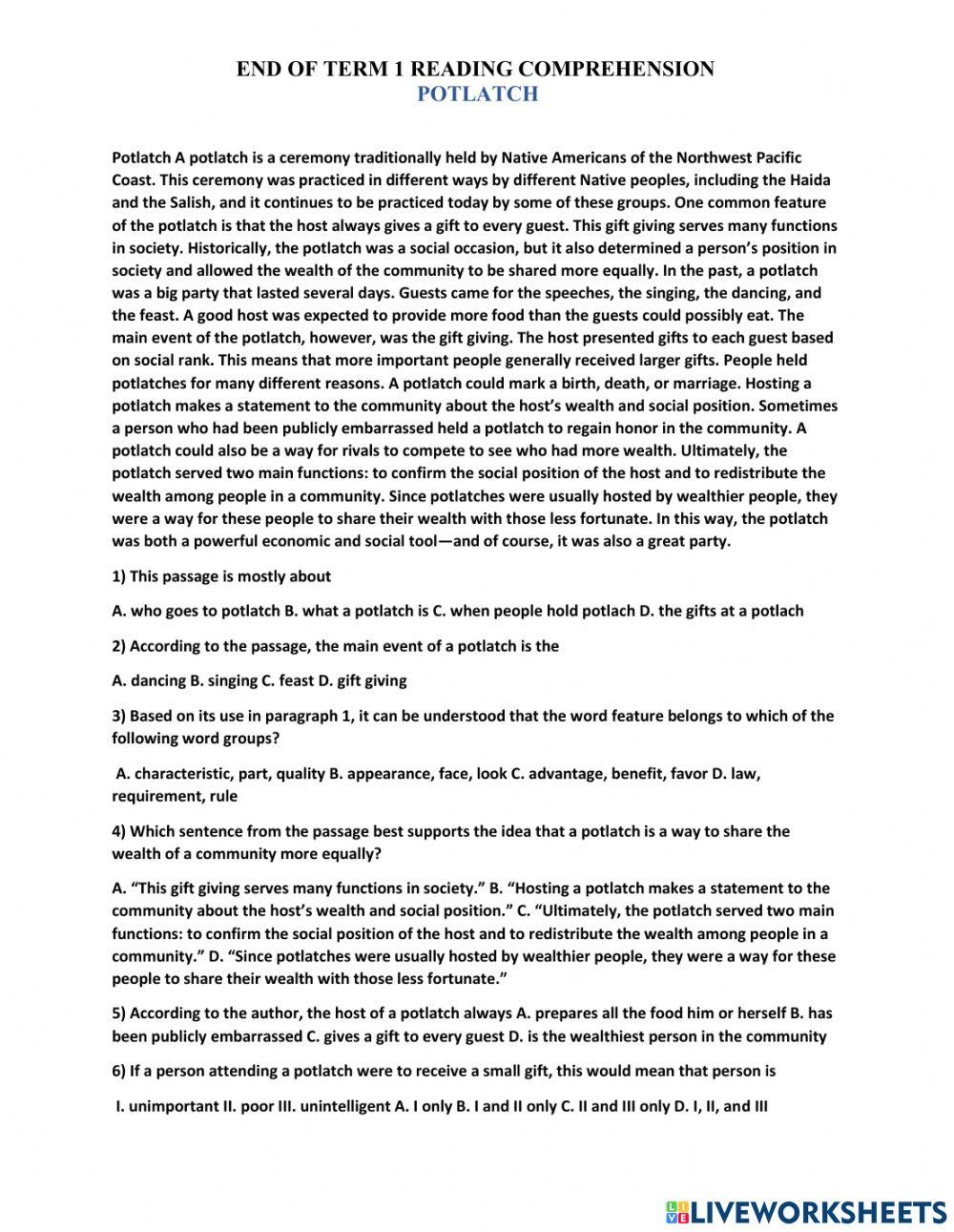 END OF TERM 1 READING COMPREHENSION - 2 online exercise for | Live ...