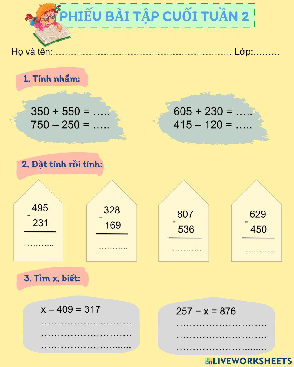 Phiếu bài tập toán 3 worksheet | Live Worksheets