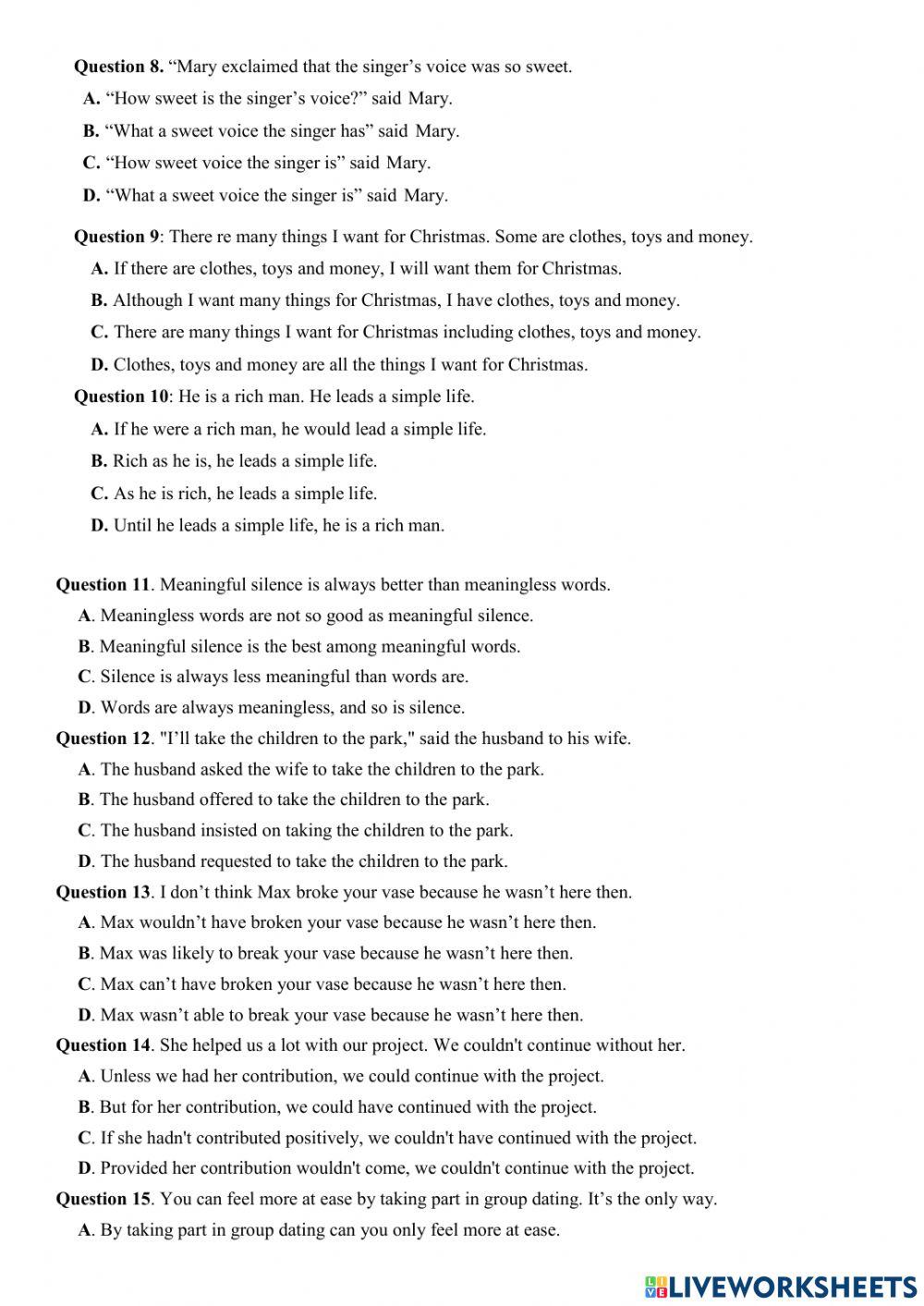 Writing 1 worksheet for 12 | Live Worksheets