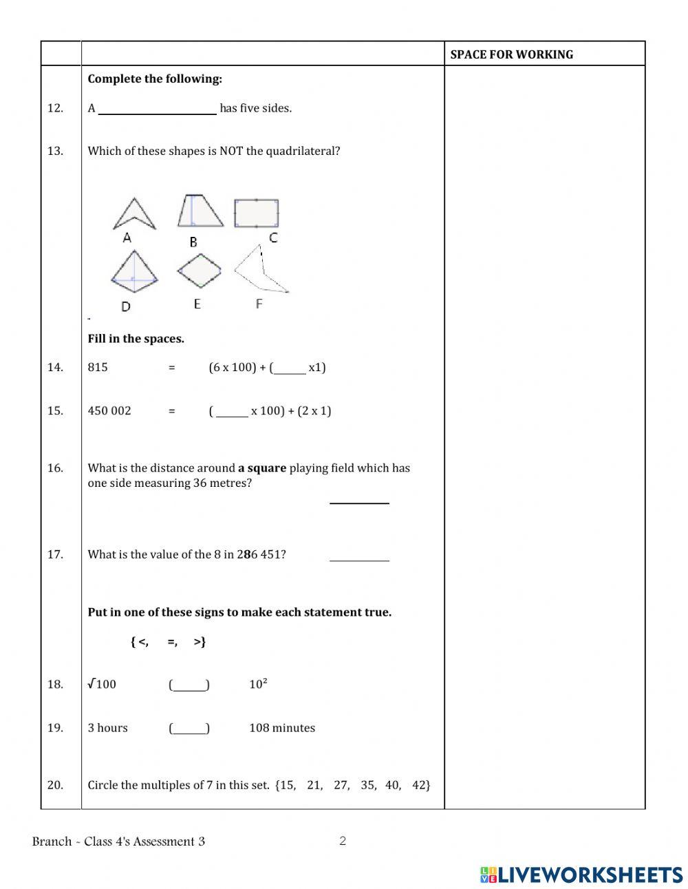 Maths Quiz 3 online exercise for | Live Worksheets