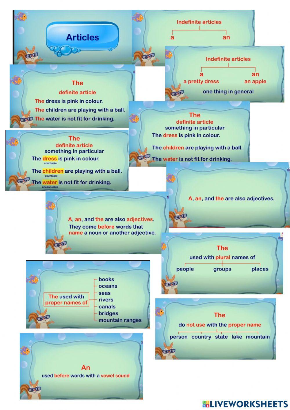 Articles online exercise for 3 | Live Worksheets