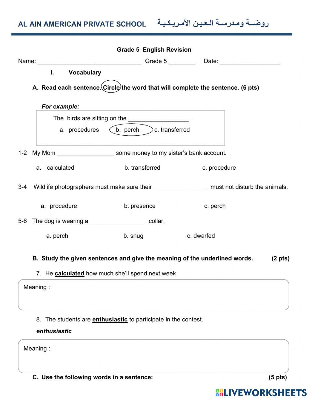 English Revision online pdf exercise | Live Worksheets