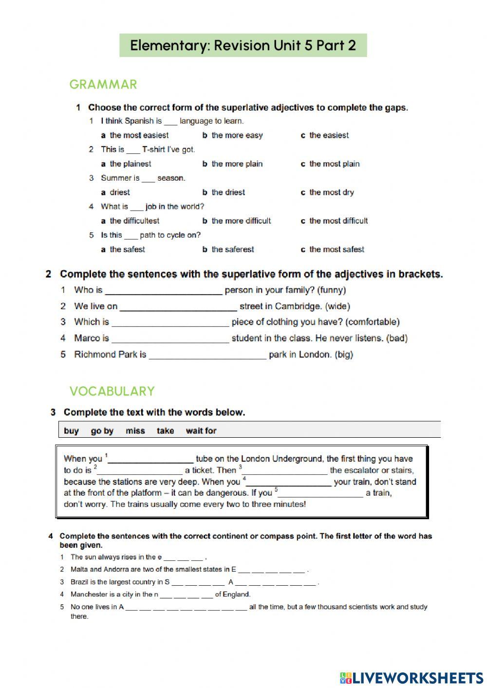Elementary Revision UNIT 5 Part 2 worksheet | Live Worksheets