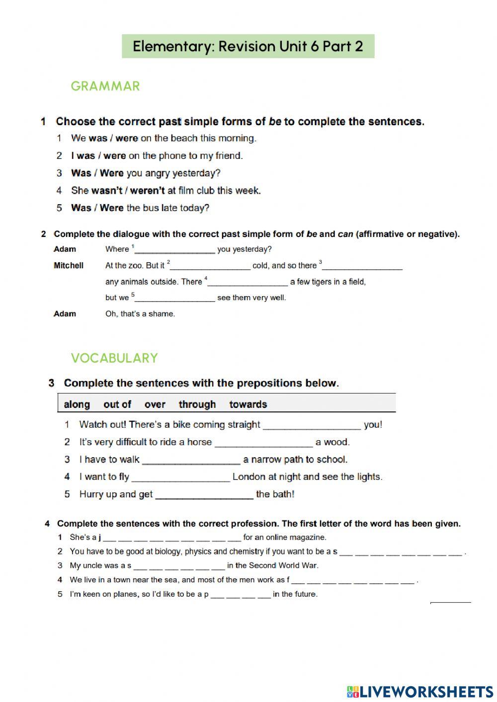 Elementary Revision UNIT 6 Part 2 worksheet | Live Worksheets