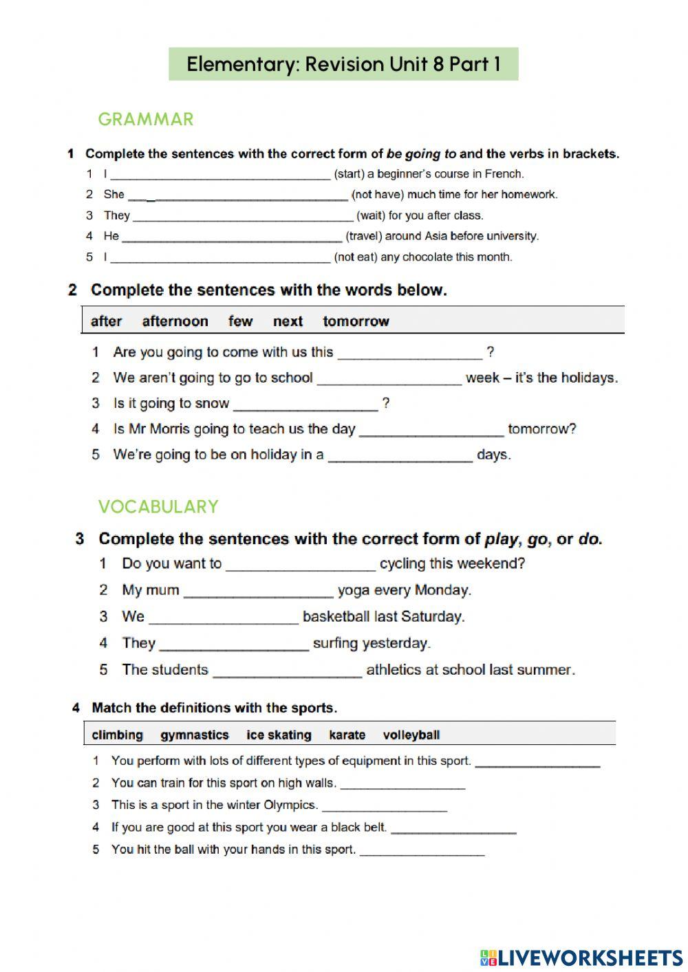 Elementary Revision UNIT 8 Part 1 worksheet | Live Worksheets