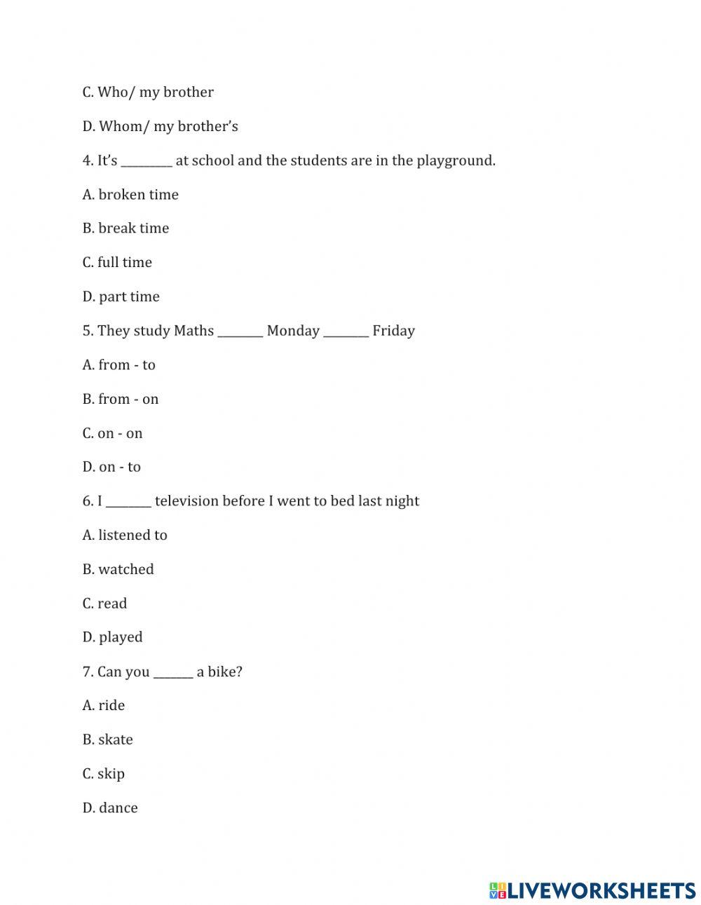 Test for grade 4 online exercise for | Live Worksheets