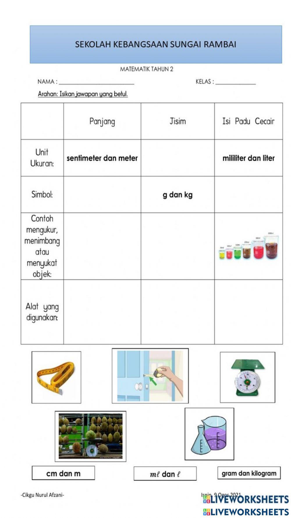 Jenis ukuran unit panjang, jisim dn isipadu worksheet | Live Worksheets