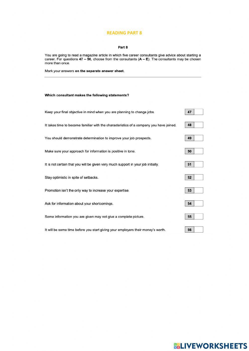 Reading CAE part 8 worksheet | Live Worksheets