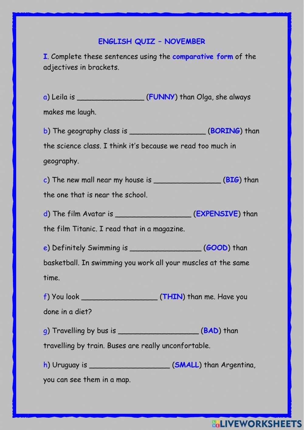 Grammar quiz interactive worksheet for elementary | Live Worksheets