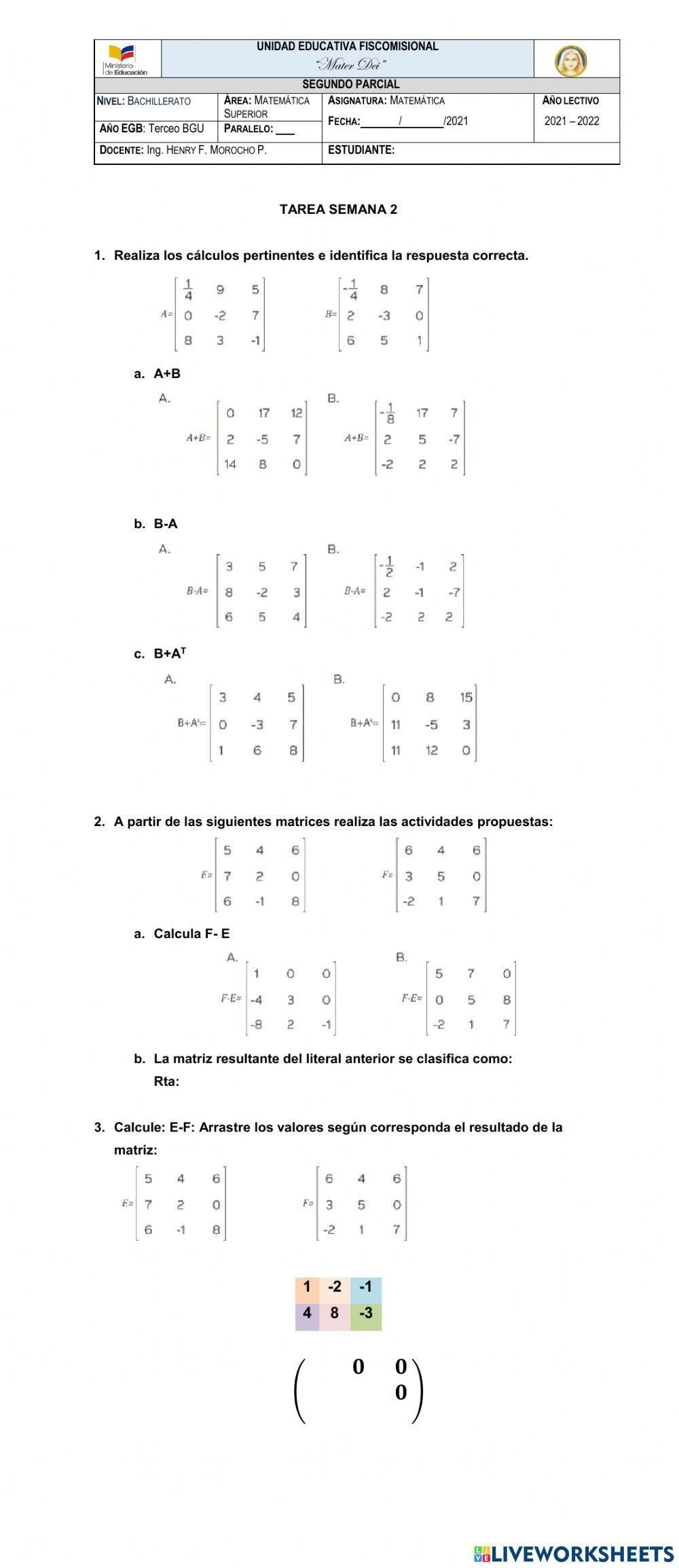 Suma y Diferencia de Matrices worksheet | Live Worksheets