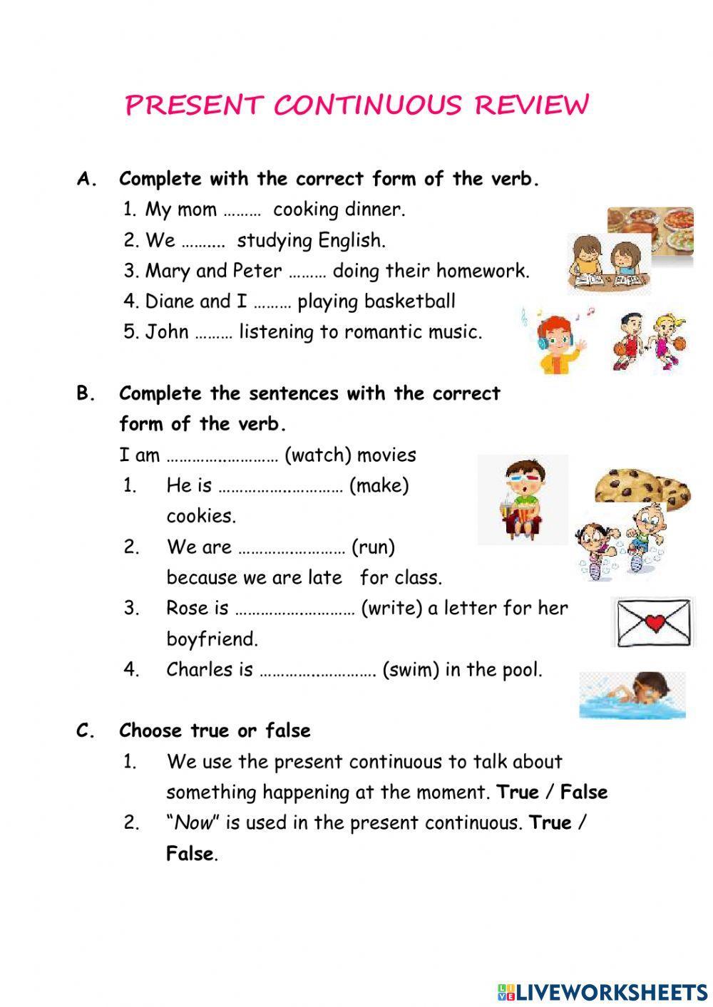 Present contnuous review worksheet | Live Worksheets