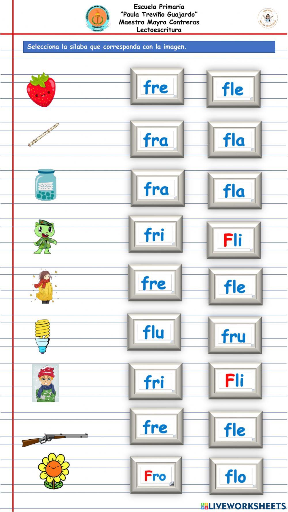 Silabas fr y fl worksheet | Live Worksheets