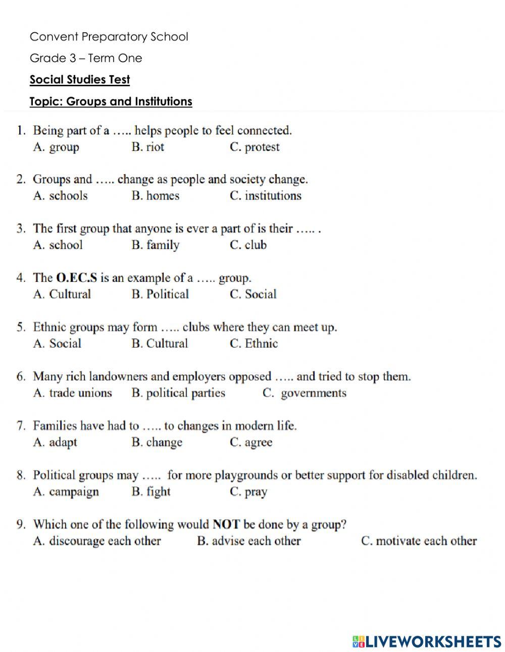 Social Studies test - Groups and Institutions online exercise for ...
