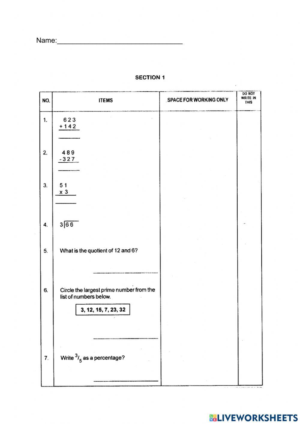 Maths Review Section A worksheet | Live Worksheets