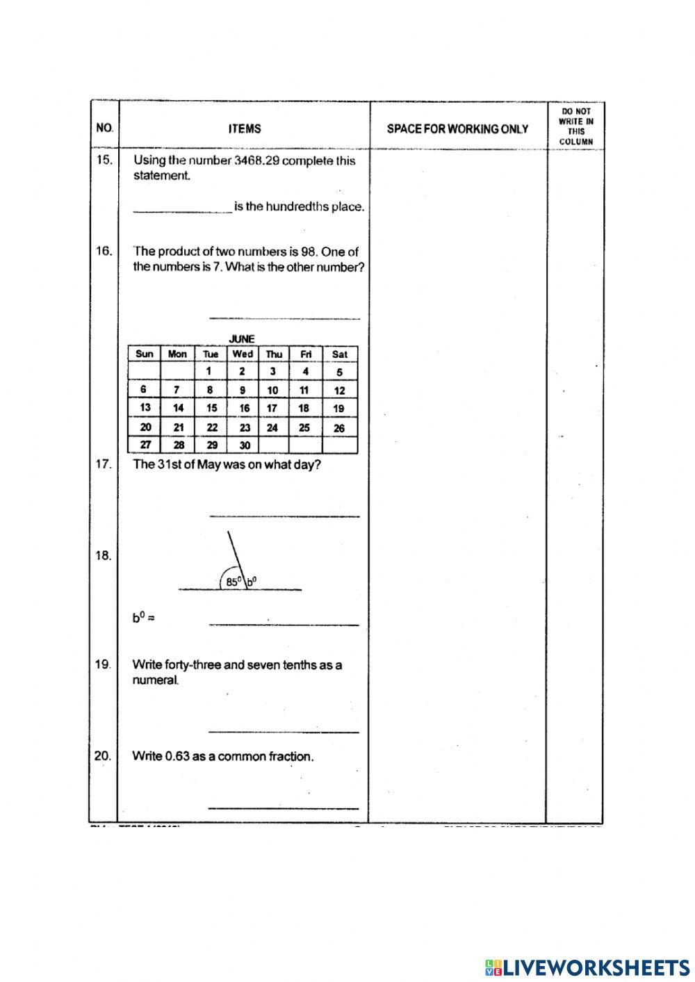 Maths Review Section A worksheet | Live Worksheets