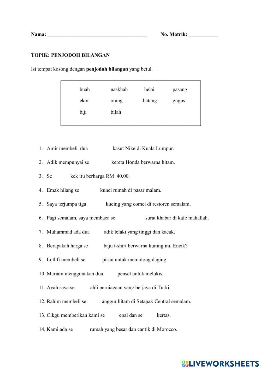 Latihan Penjodoh Bilangan Online Exercise For Live Worksheets