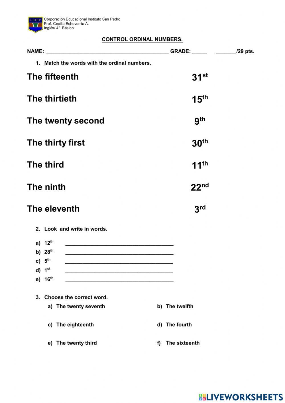3490916 | Control: Ordinal numbers. 4th Grade | Cecilia
