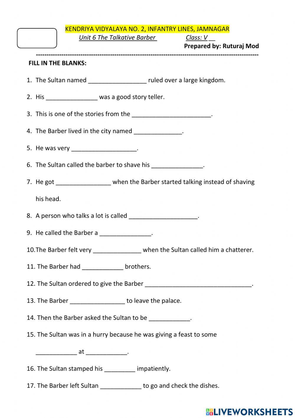The Talkative Barber by Ruturaj Sir - exercise | Live Worksheets